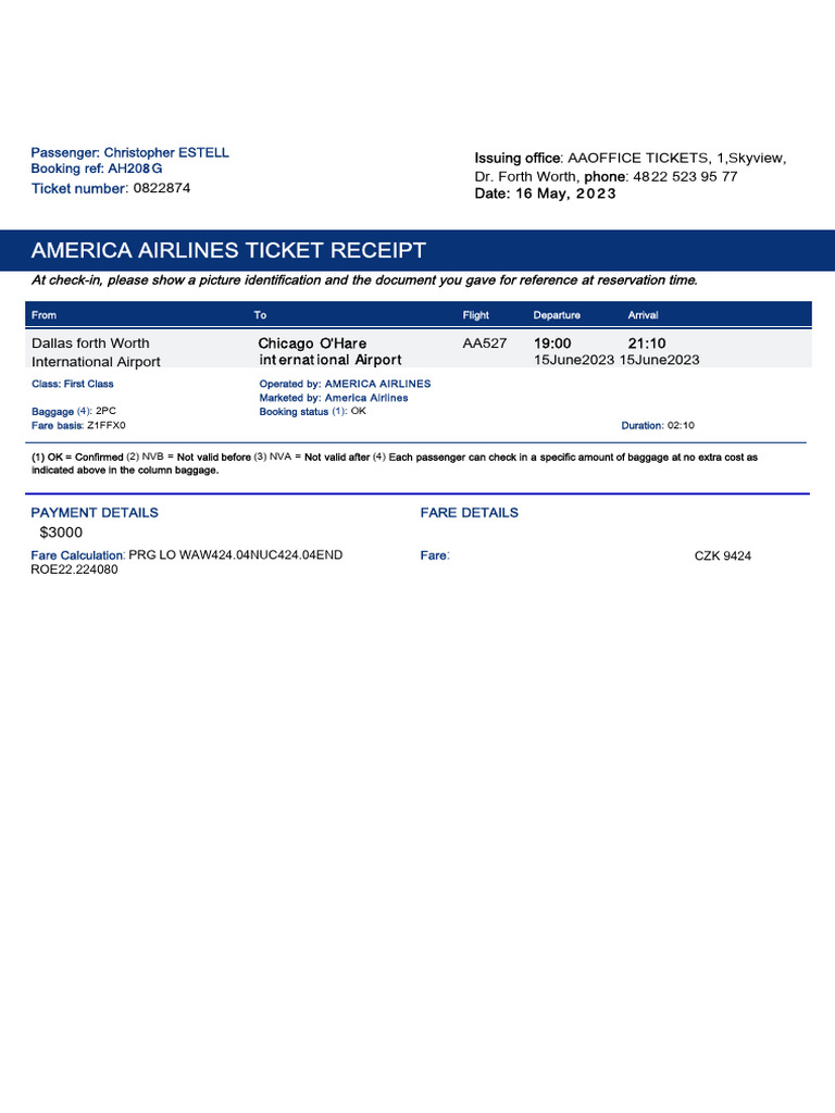 American Airlines Ticket Receipt | PDF | Law