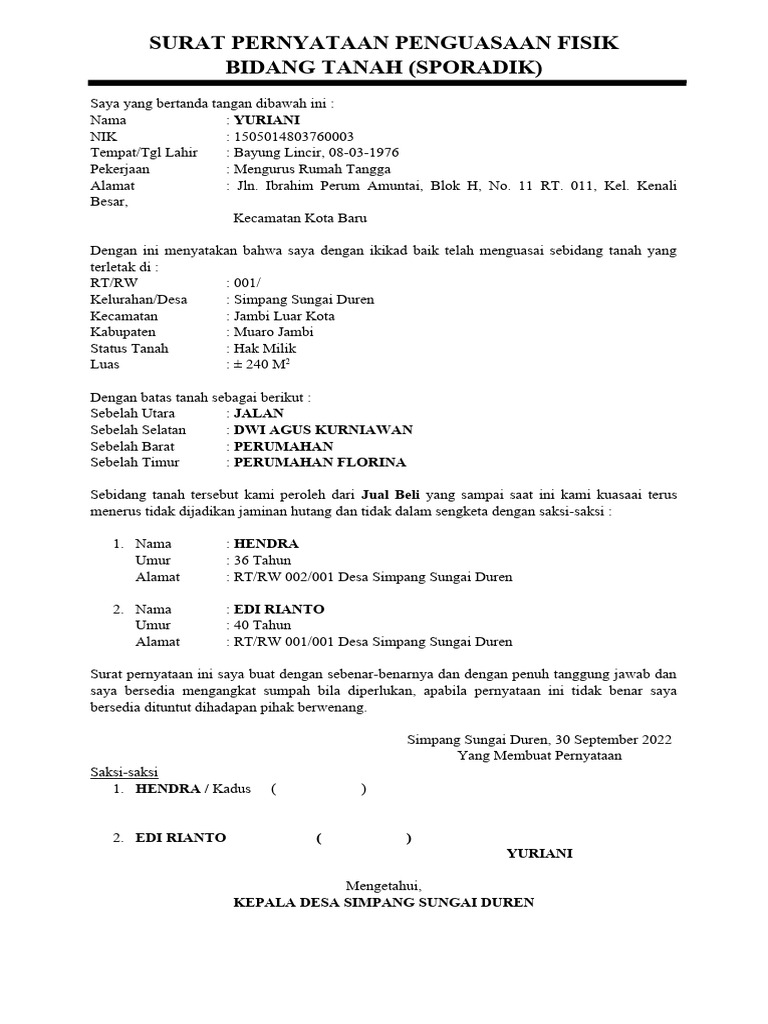 Surat Pernyataan Penguasaan Fisik | PDF