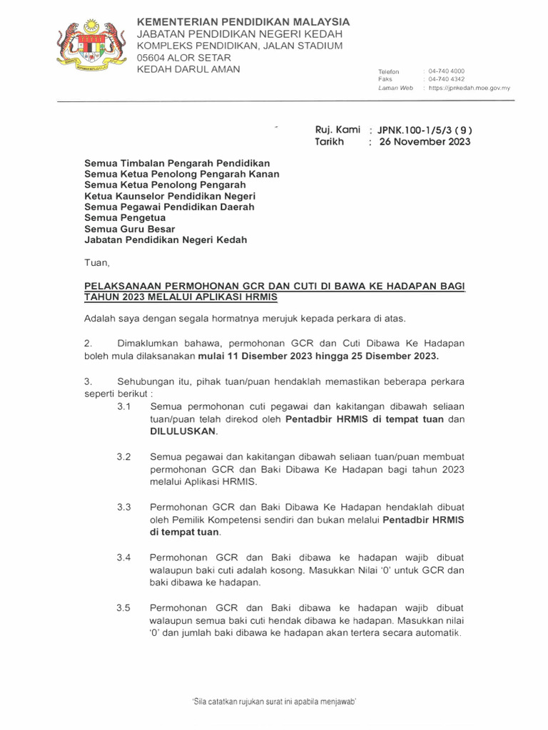 Surat Permohonan GCR Dan Cuti Bawa Ke Hadapan Tahun 2023 Melalui Hrmis | PDF | Pengelolaan ...
