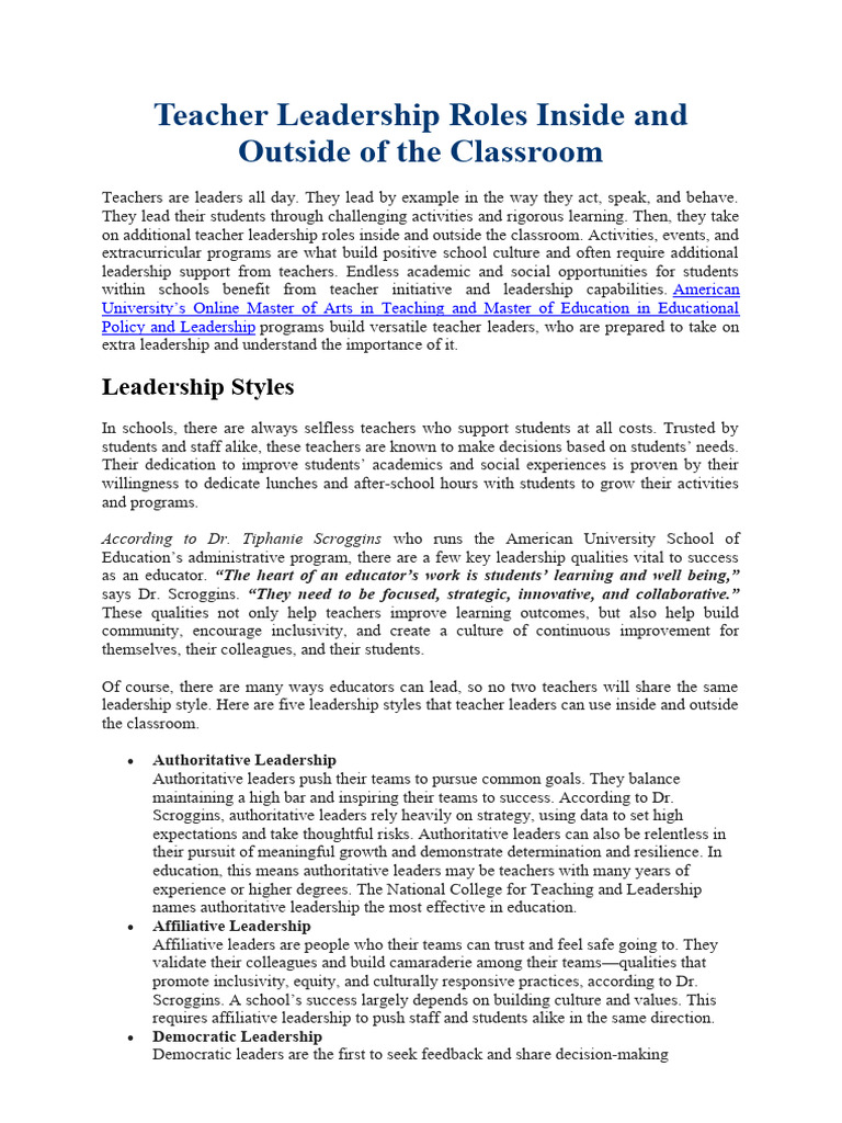 Teacher Leadership Roles Inside and Outside of The Classroom | PDF ...