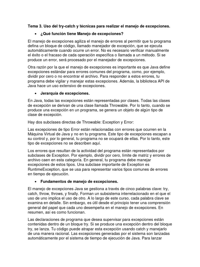 Manejo de Excepciones en Java | PDF | Programa de computadora | Programación