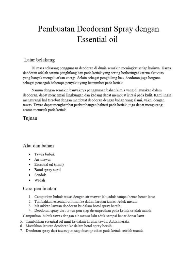 Pembuatan Deodorant Spray Alami Dengan Essential Oil | PDF
