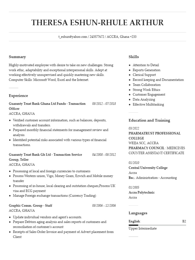 Theresa Eshun Rhule Arthur Resume | PDF | Banks | Payments
