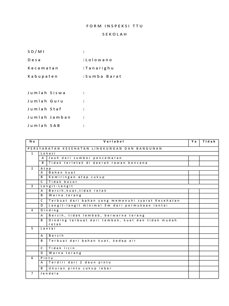 Form Inspeksi Sanitasi Kesling (Kegiatan) | PDF