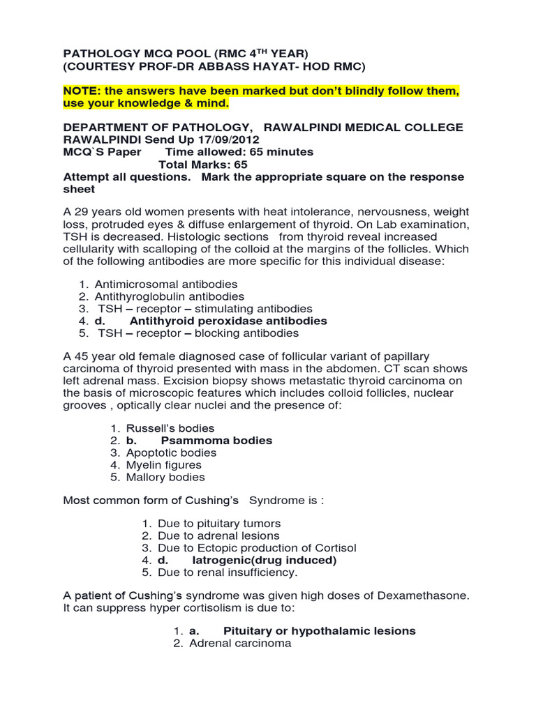 Fourth Year Patho Mcqs - RMC | PDF | Thyroid | Hepatitis