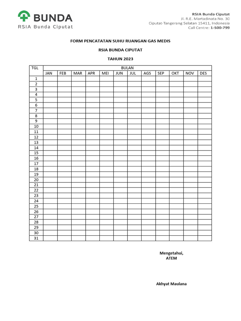 Form Pencatatan Suhu Ruangan Gas Medis | PDF