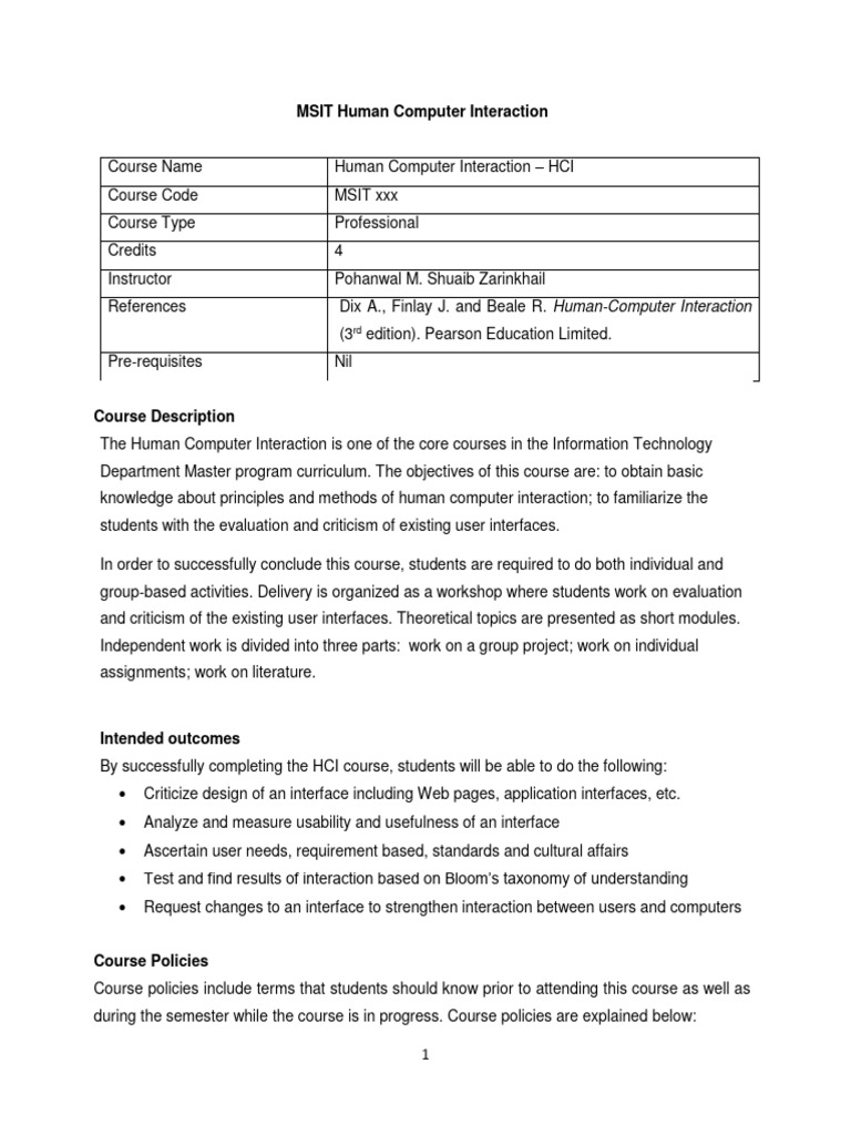 MSIT HCI - Course Policy C02 | PDF | Human–Computer Interaction | Usability