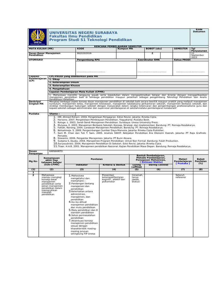 RPS Dasar Manajemen Pendidikan | PDF