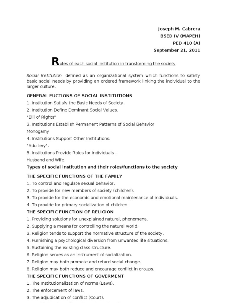 Social Institutions' Societal Roles | PDF