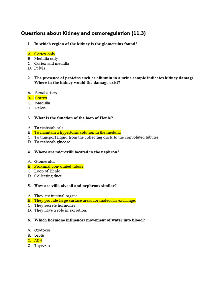Kidney Function and Osmoregulation Quiz | PDF | Kidney | Abdomen