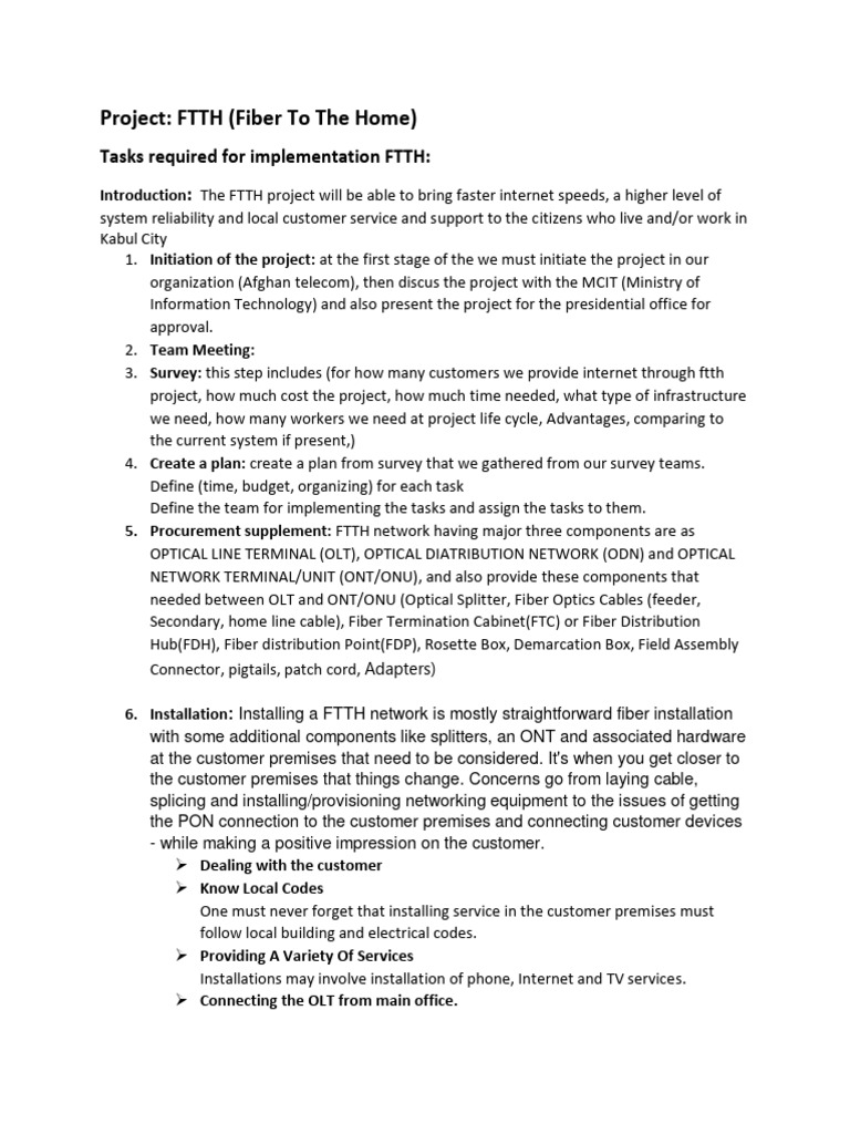 Tasks Required For Implementation FTTH | PDF | Fiber To The X | Electricity