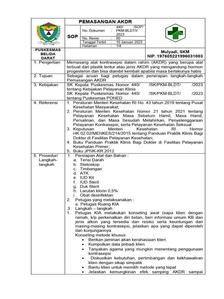 Sop Pemasangan Akdr | PDF | Pengembangan Diri | Kesehatan Holistik