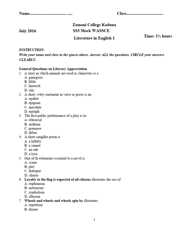 SS 3 Mock WASSCE 2016 | PDF | Poetry
