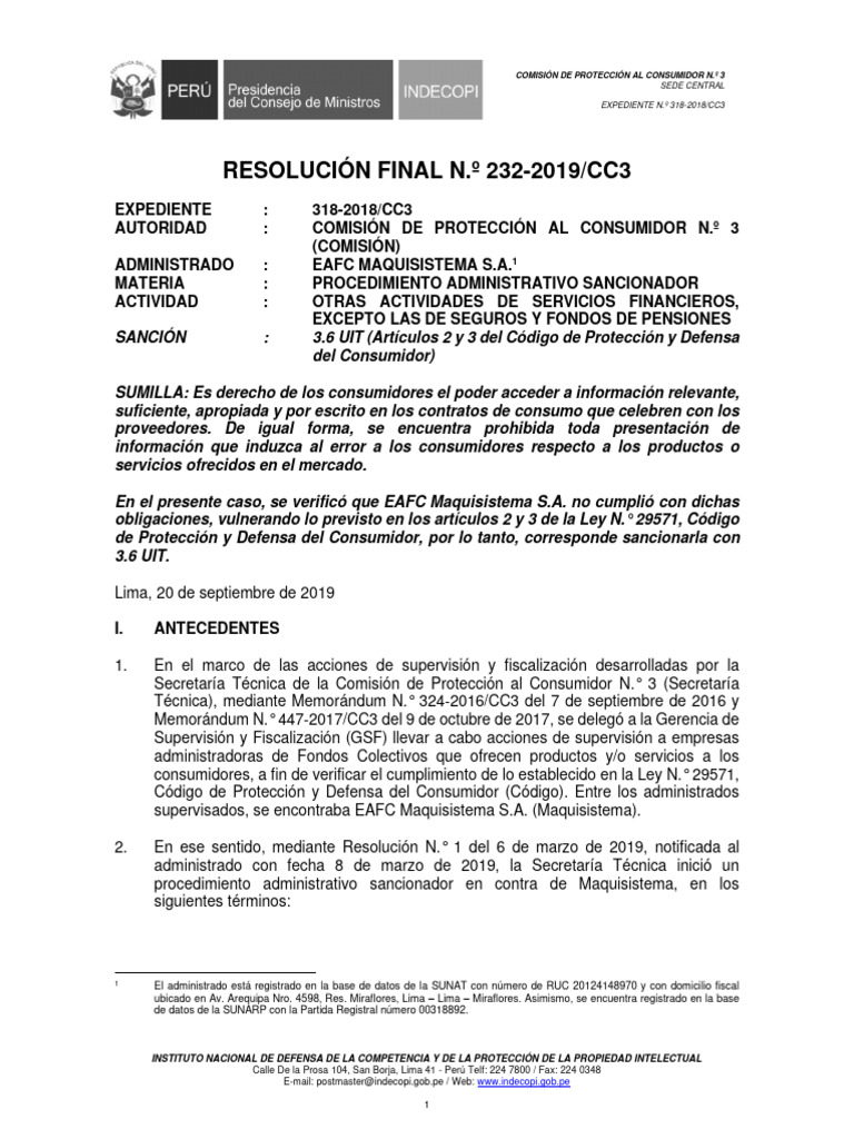 RESOLUCIÓN FINAL N.º 232-2019/CC3: Comisión de Protección Al Consumidor ...