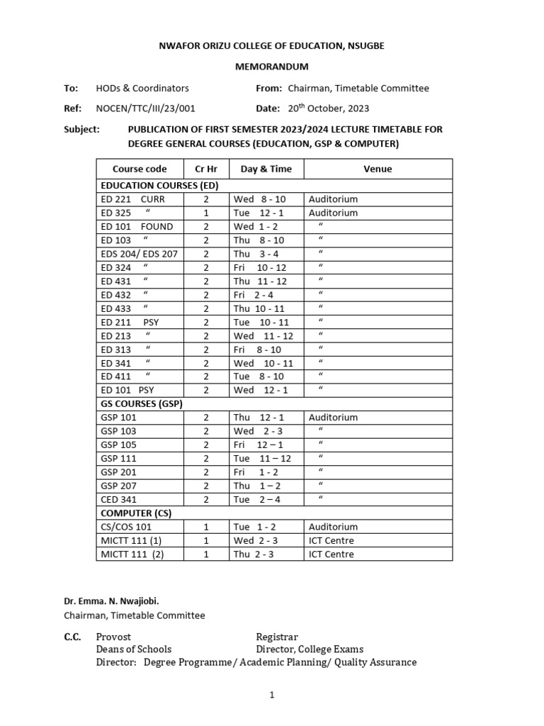Lecture Timetable First Sem 2023 - 2024 | PDF | Educational Stages