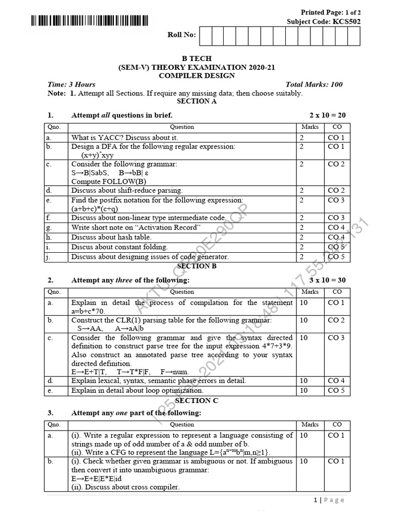 B.Tech Compiler Design Exam | PDF | Parsing | Computer Engineering