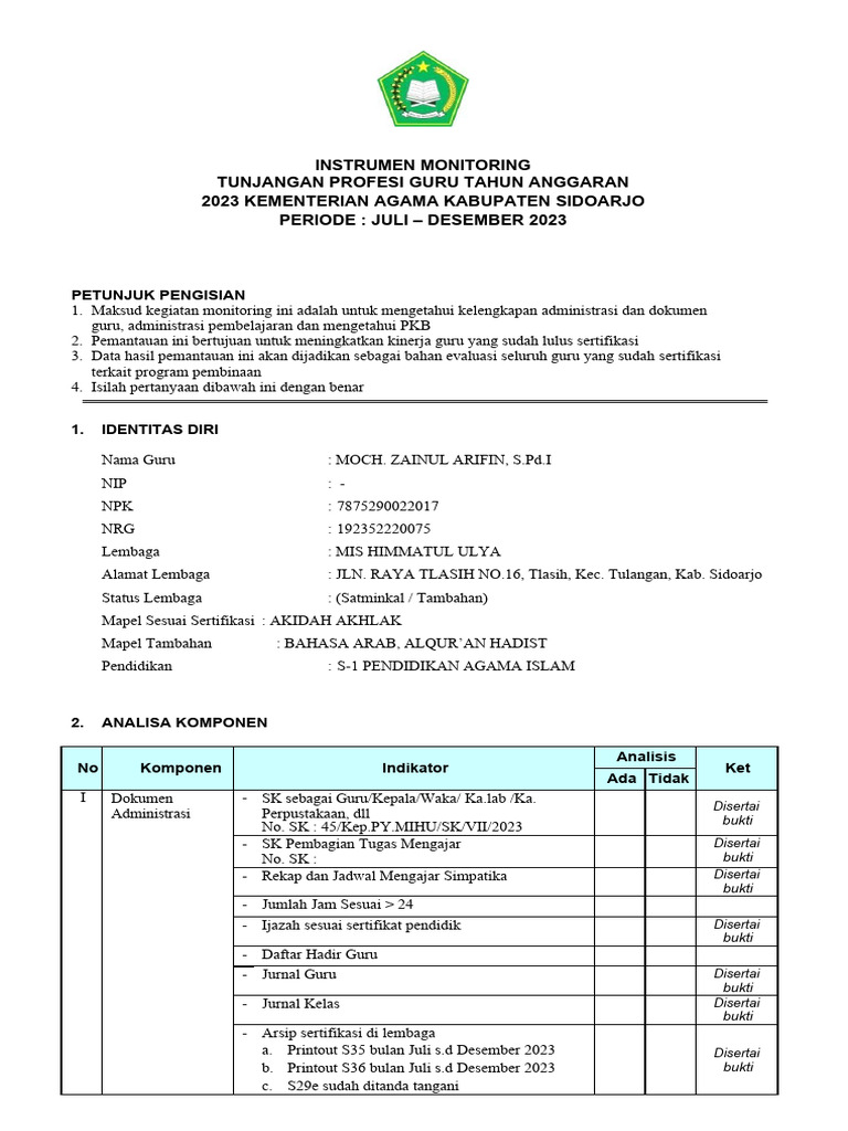 Instrumen-Monev-Tpg Jul Des 2023 | PDF