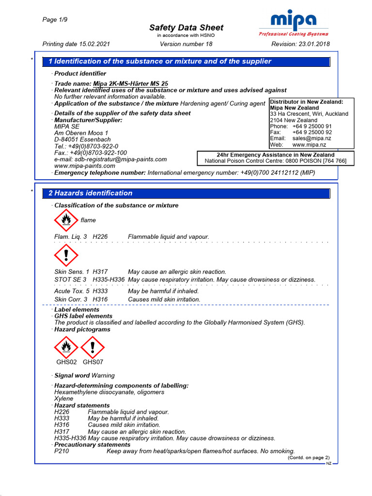 Mipa MS 25 MSDS | PDF | Labor Relations | Chemistry