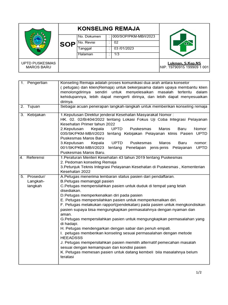Sop Konseling Remaja | PDF