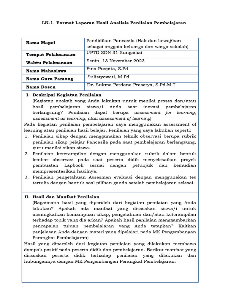Laporan Analisis Hasil Penilaian Siswa | PDF