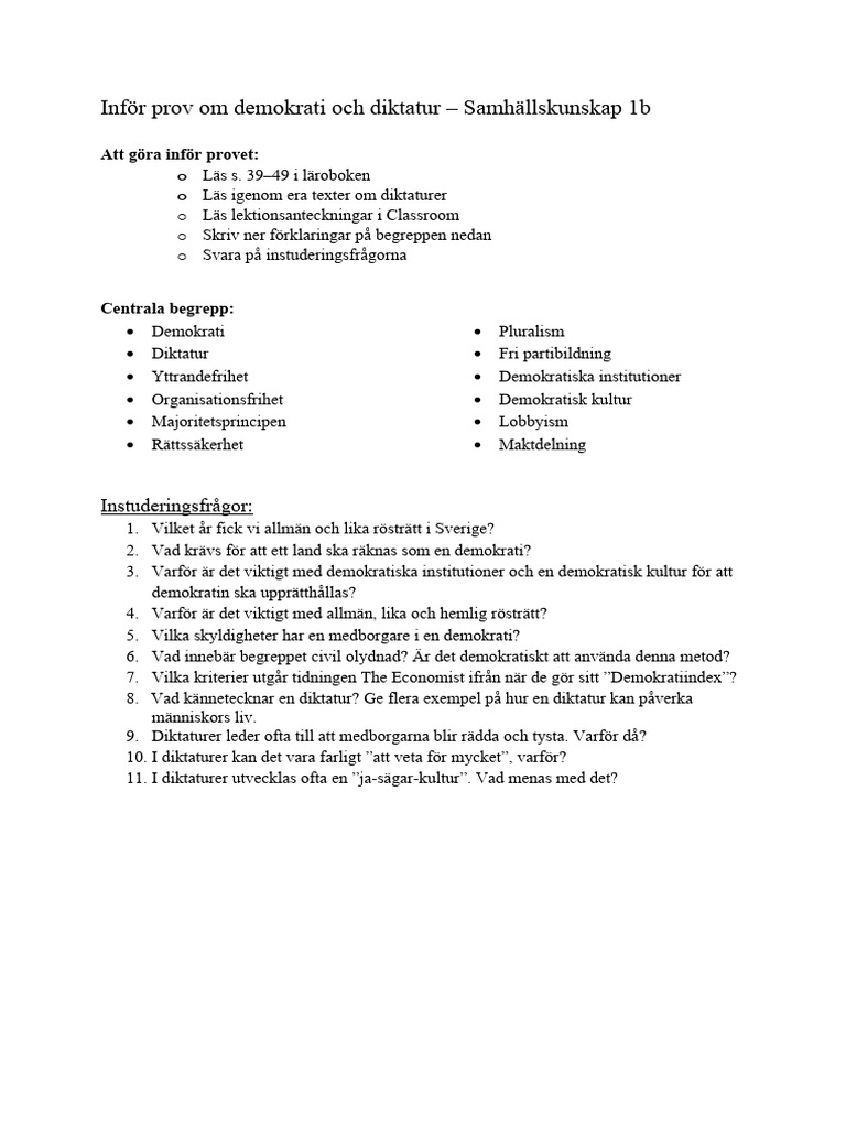 Inför Prov Om Demokrati Och Diktatur - Samhällskunskap 1b | PDF