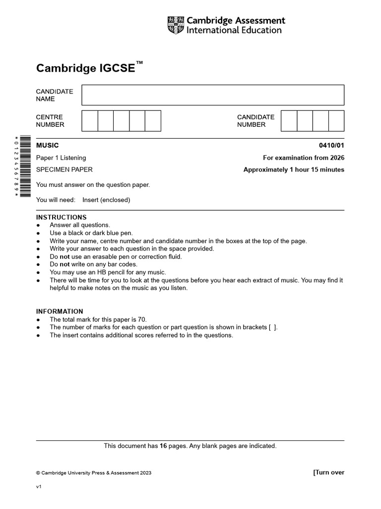 2026 Specimen Paper 1 Pdf Song Structure Tempo