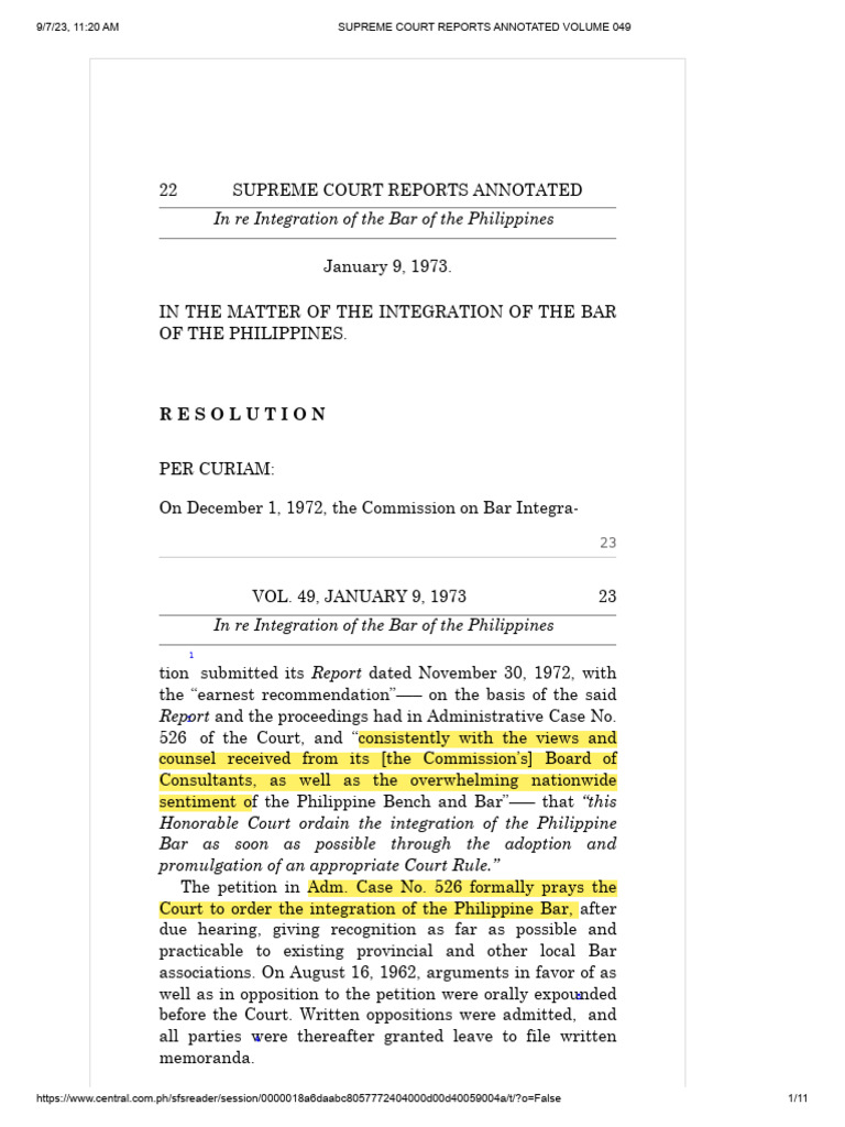In Re Integration of The Bar (49 SCRA 22) | PDF | Lawyer | Supreme ...