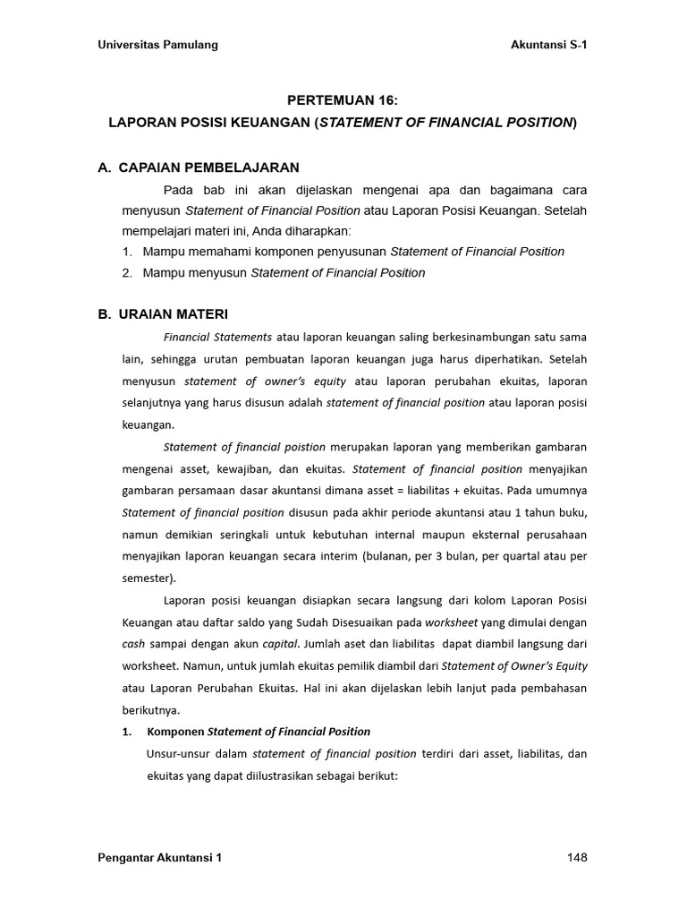 Pert. 16 LAPORAN POSISI KEUANGAN (STATEMENT OF FINANCIAL POSITION) | PDF Pert. 16 LAPORAN POSISI KEUANGAN (STATEMENT OF FINANCIAL POSITION) | PDF