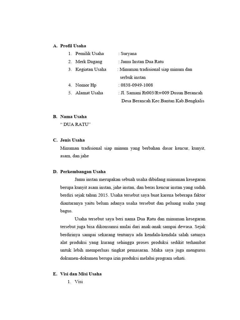 Profil Usaha Jamu Dua Ratu | PDF | Bisnis | Memasak, Makanan, & Anggur