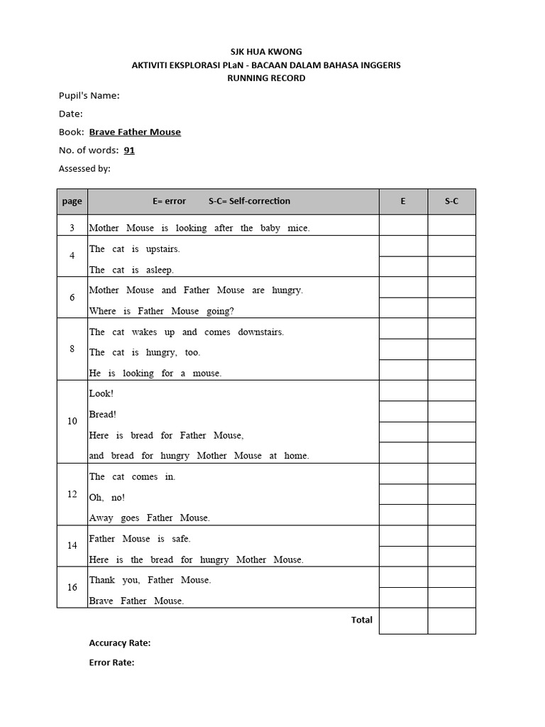 Running Record: Brave Father Mouse | PDF | Language Arts & Discipline ...