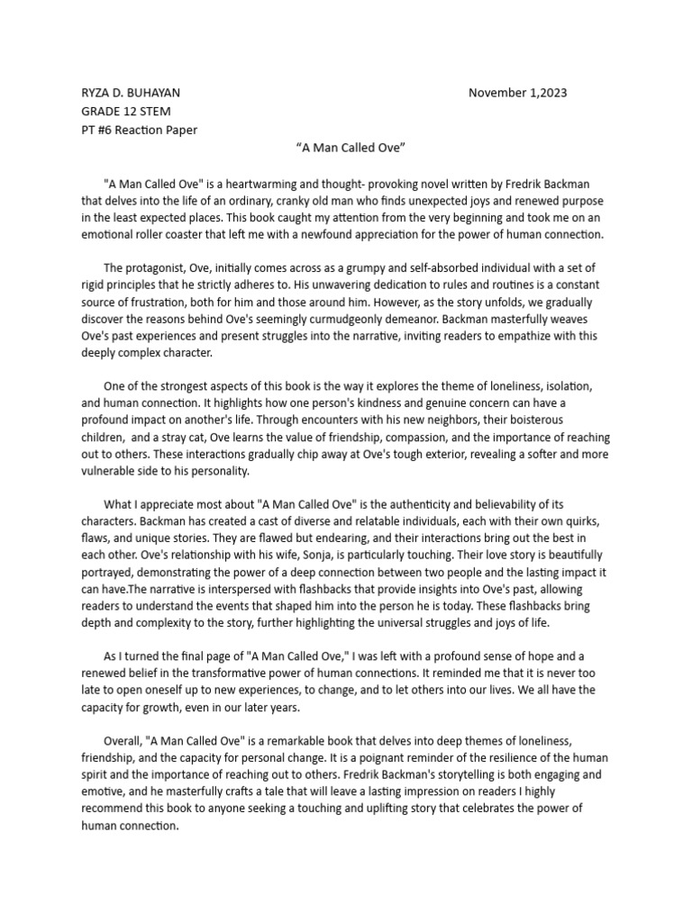 Ryza D. Buhayan November 1,2023 Grade 12 Stem PT #6 Reaction Paper "A ...