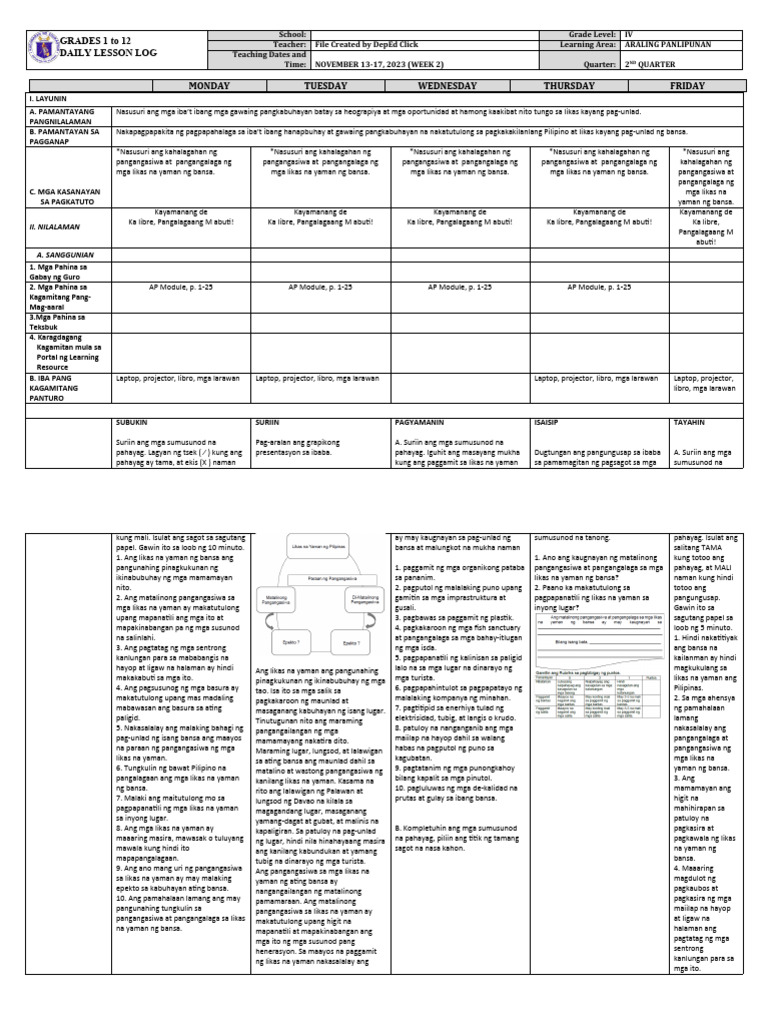 DLL - Araling Panlipunan 4 - Q2 - W2 | PDF