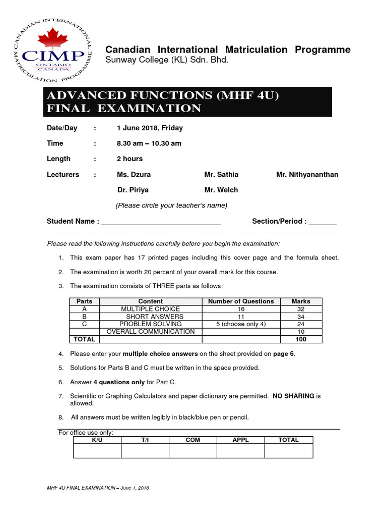 MHF 4U Final Exam Overview 2018 | PDF | Trigonometric Functions ...