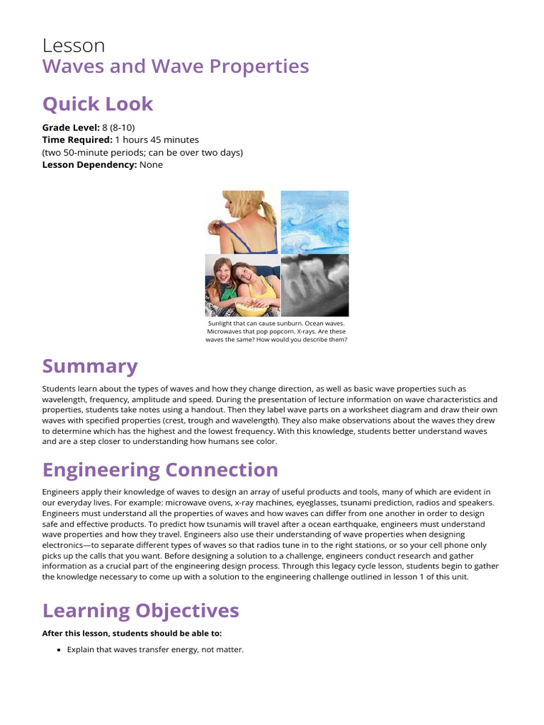 Entire Lesson - Waves and Wave Properties - TeachEngineering | PDF ...