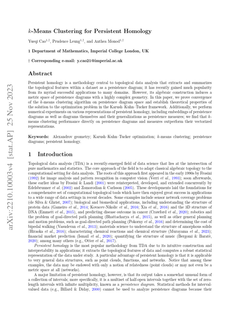 K-Means Clustering For Persistent Homology | PDF | Cluster Analysis | Mathematical Optimization