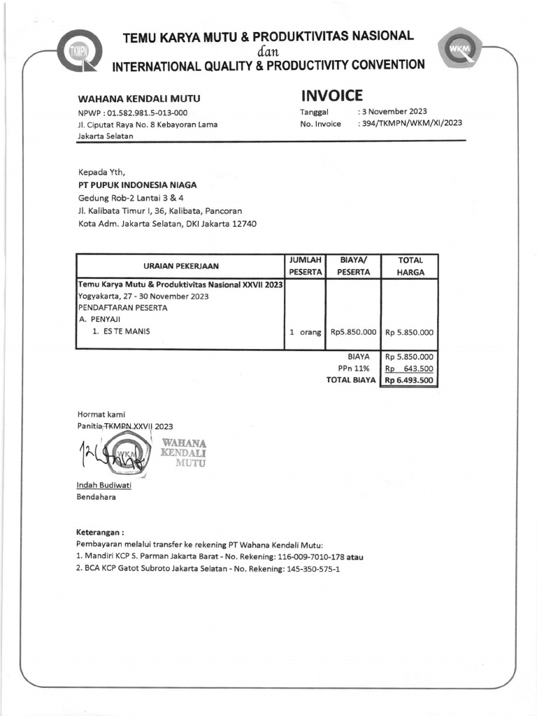 Invoice Temu Karya Mutu 2023 | PDF