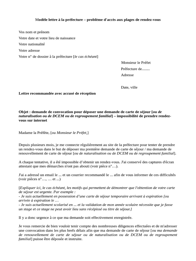 Modele Lettre RDV Prefecture | PDF