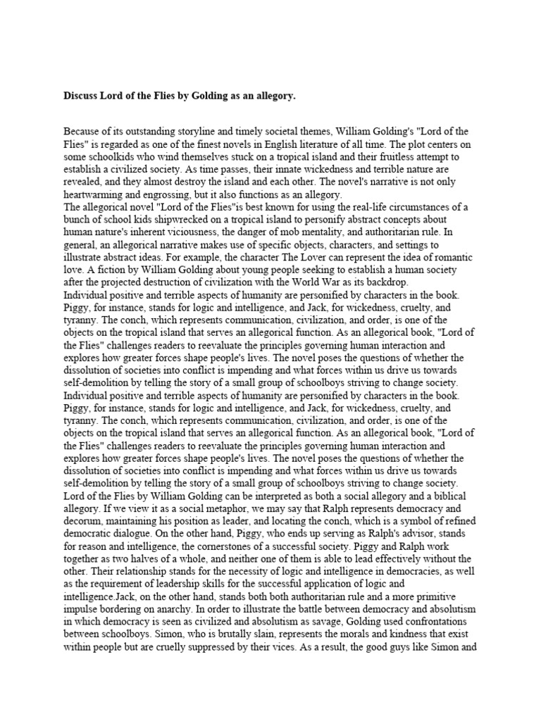 Discuss Lord of The Flies by Golding As An Allegory | PDF | Allegory