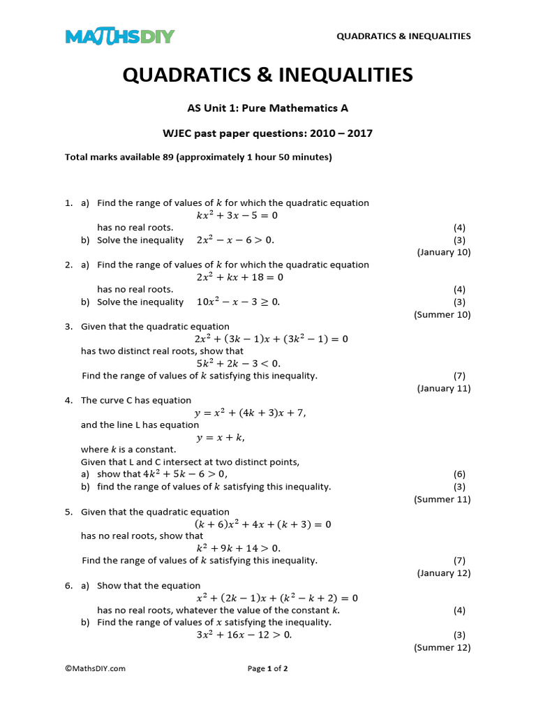 Quadratics Inequalities | PDF | Quadratic Equation | Equations