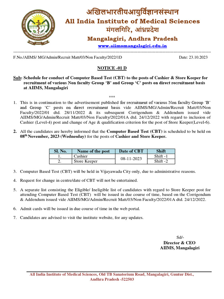 AIIMS MG IMPORTANT NOTICE For CBT Date RECRUITMENT OF VARIOUS NON ...