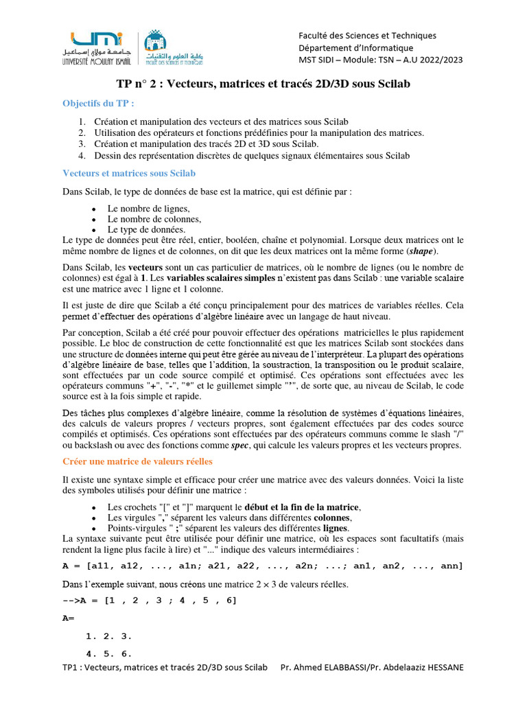 Scilab : Vecteurs, Matrices et Tracés 2D/3D | PDF | Matrice ...