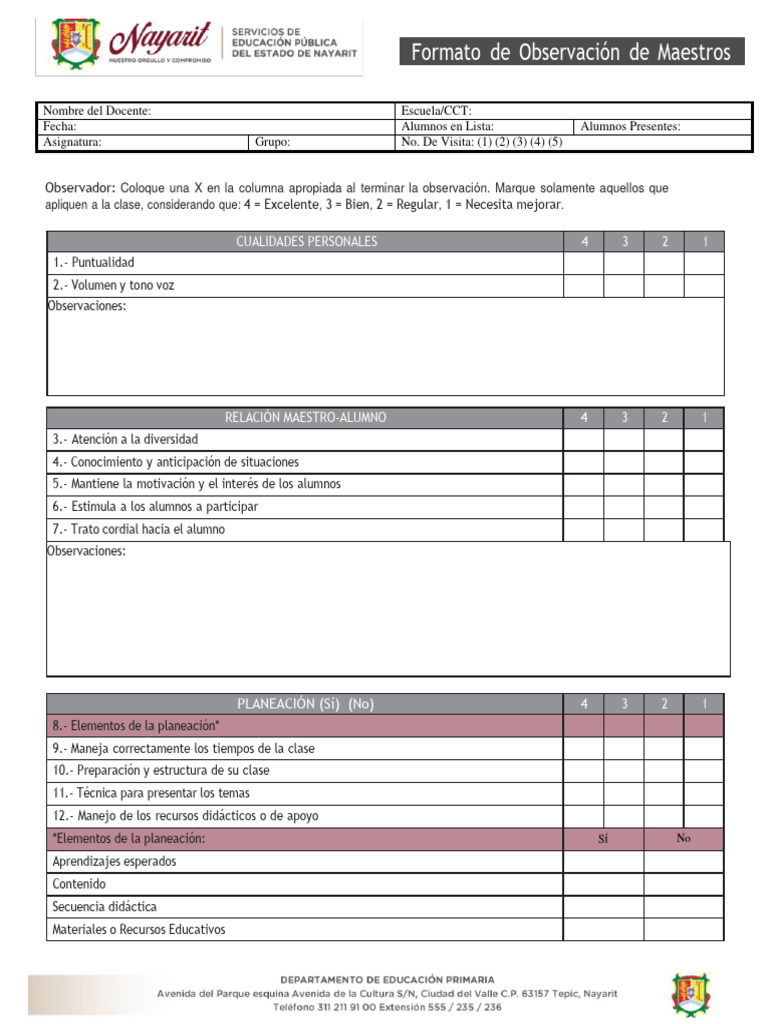 Formato Observación de Clase | Descargar gratis PDF | Evaluación | Maestros