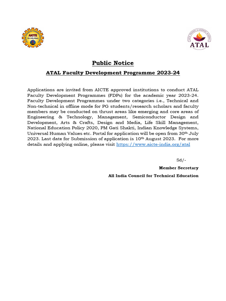 Public Notice - ATAL Faculty Development Programme 2023-24 | PDF