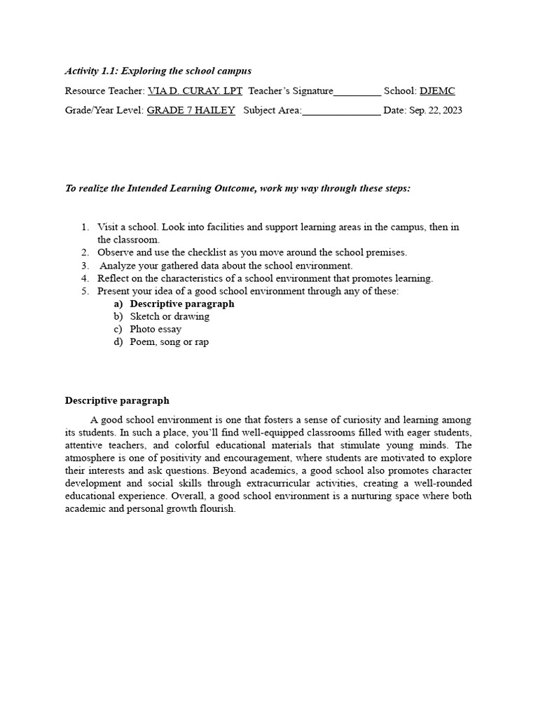 Week 1 FS 1 Activities | PDF | Learning | Classroom