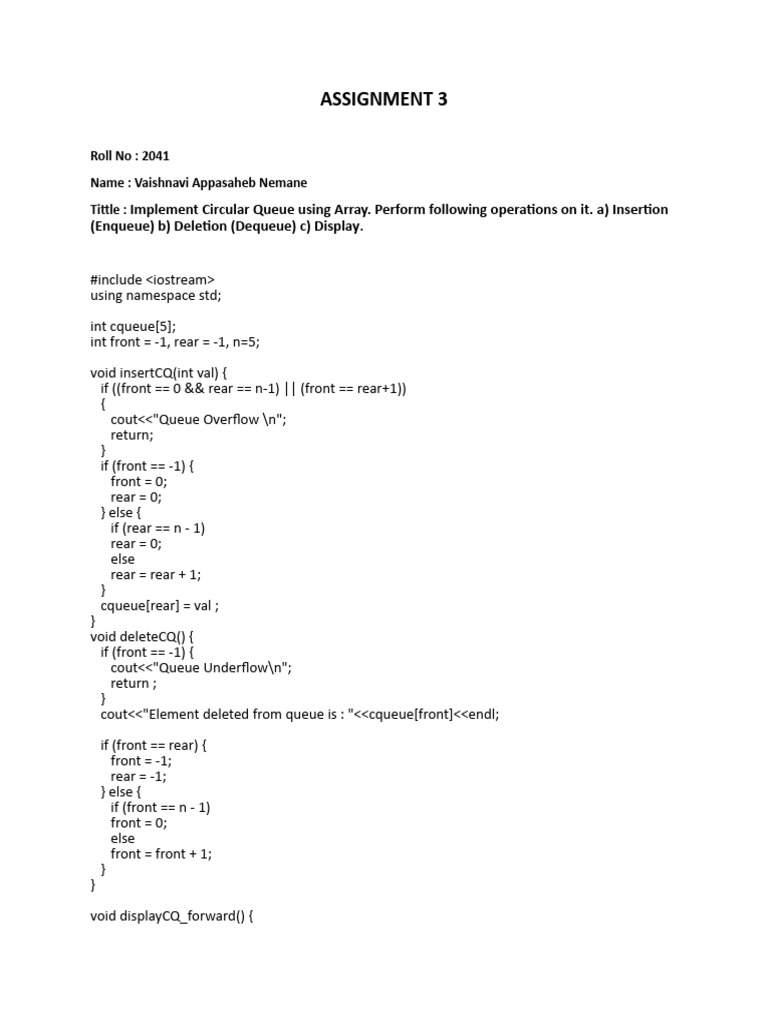 Assign 3 Dsa Pdf Queue Abstract Data Type Software Design
