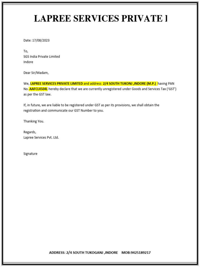 GST Declaration by Lapree Services | PDF | Finance & Money Management
