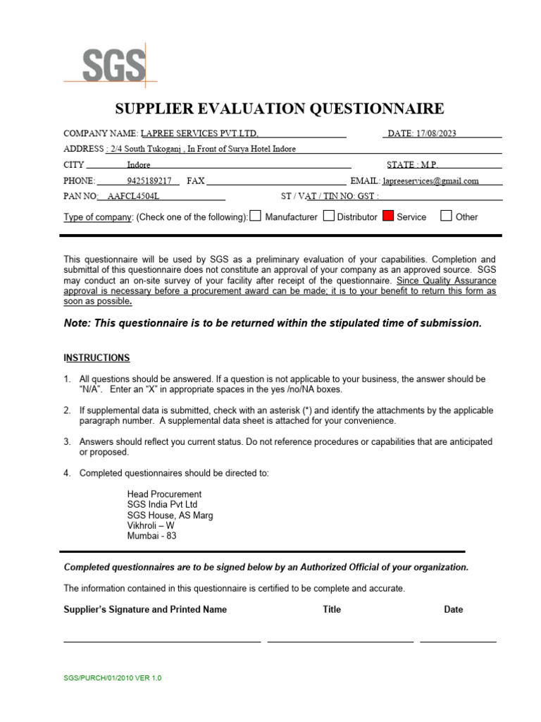 Annexure I - SGS - Supplier Evaluation Questionnaire R1 | PDF | Calibration | Audit