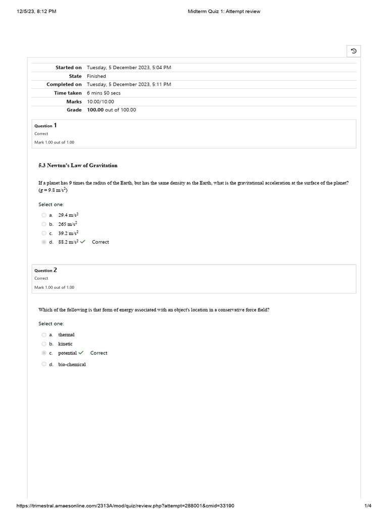 Midterm Quiz 1 - Pysics 100% | PDF | Orbit | Moon