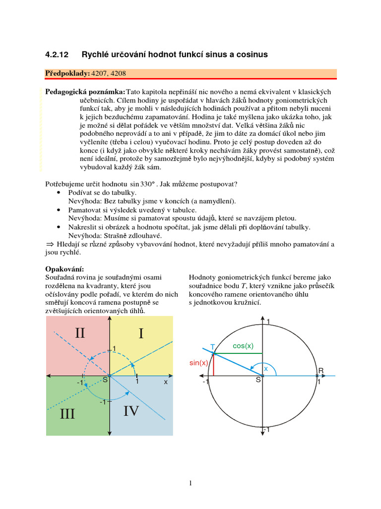 12 Rychlé Určování Hodnot Funkcí Sinus A Cosinus | PDF