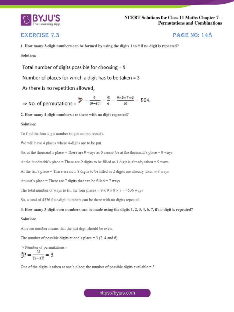 NCERT Solutions For Class 11 Maths Chapter 7 Permutations and Combinations Exercise 7.3 | PDF ...